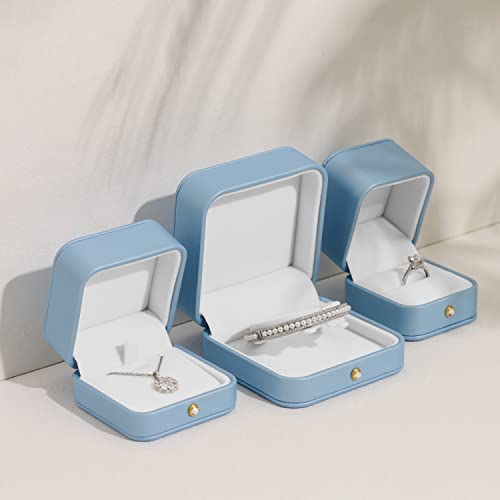 Oirlv Elegant Sky Blue Ring Box Leather Engagement Ring Box Jewelry Gift Box for Wedding Proposal Velvet Interior Ring Case