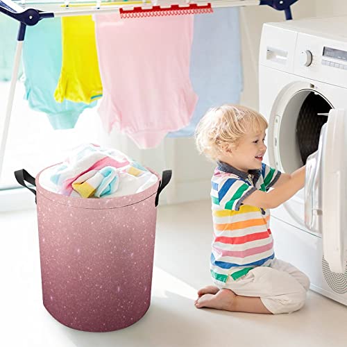 Rose Gold Glitter Laundry Basket Pink Bling Printed Laundry Hamper Collapsible Round Girls Dirty Clothes Hamper Toys Storage Basket with Drawstring for Kids Bedrooms Nursery