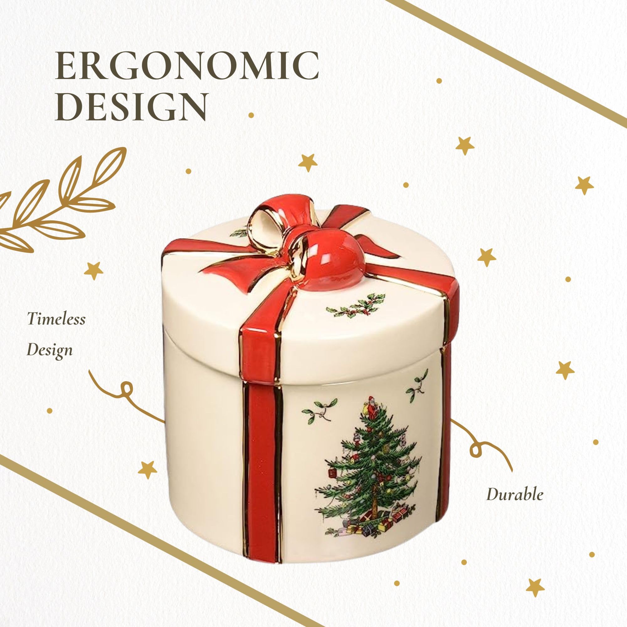 Spode Christmas Tree Gift Box Figurine, 4" Christmas Centerpiece with Red Ribbon & Gold Trim - Fine Earthenware for Holiday Home Decor, Festive Table Collectible & Winter (Small)
