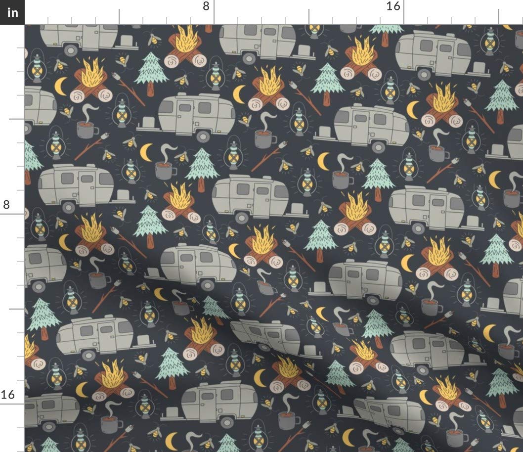 Spoonflower Fabric - Retro Camping Camper Campfire Fireflies Coffee Outdoors Printed on Petal Signature Cotton Fabric by The Yard - Sewing Quilting Apparel Crafts Decor