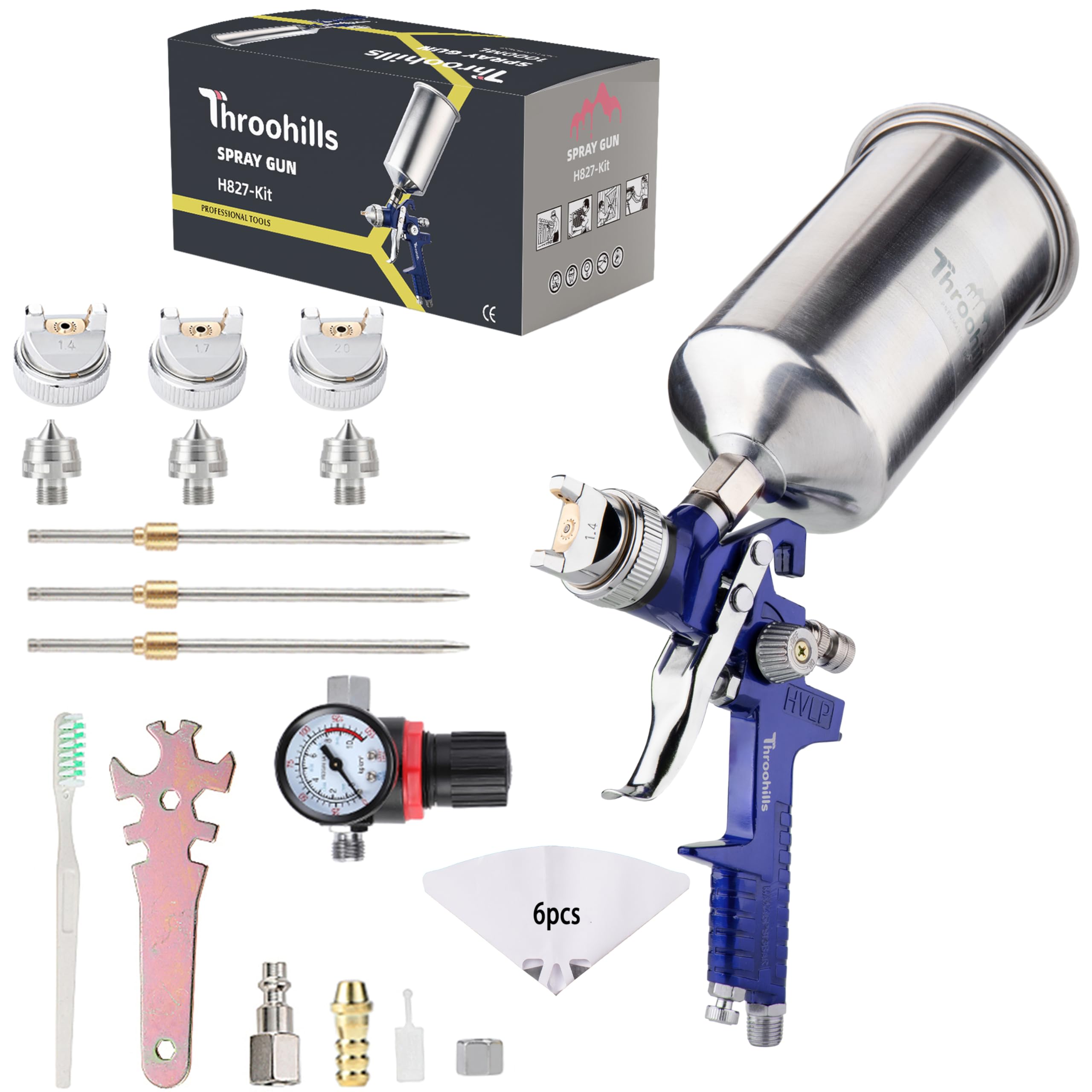 Throohills Professional HVLP Spray Gun Kit, Automotive Paint Spray Paint Gun,3 Nozzles(1.4/1.7/2.0mm) and 33oz Aluminum Cup for Car, Wall Paint, Furniture Spraying(Blue)