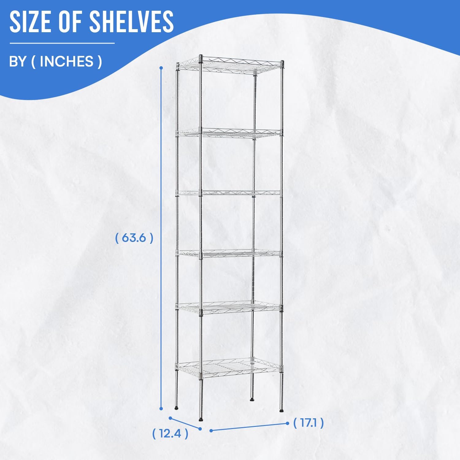 PIKAQTOP 6-Tier Adjustable Metal Storage Shelves - 600 lbs Capacity - Easy Assembly - NSF Certified - Versatile for Garage Storage - Wire Rack Shelving (Chrome, 17" D*12" W*64" H)