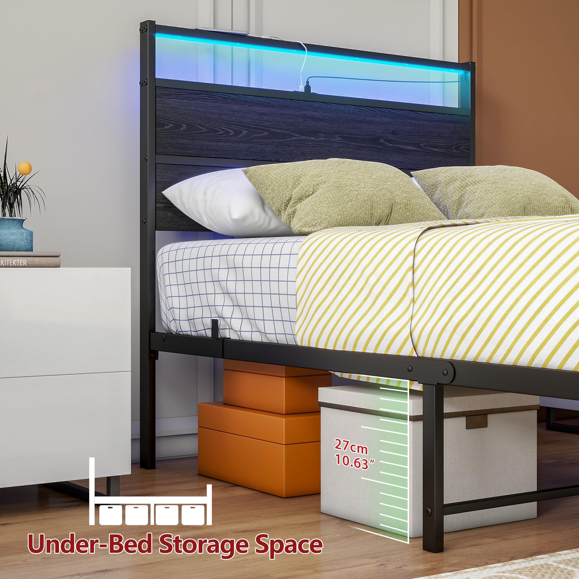 Twin Bed Frame with Headboard/LED Lights,Metal Bed Frame Twin Size with Charging Station,Twin Platform Bed Frame Twin Size No Box Spring Needed,Beds Base,Heavy Duty Metal Slats Support,No Noise,Black