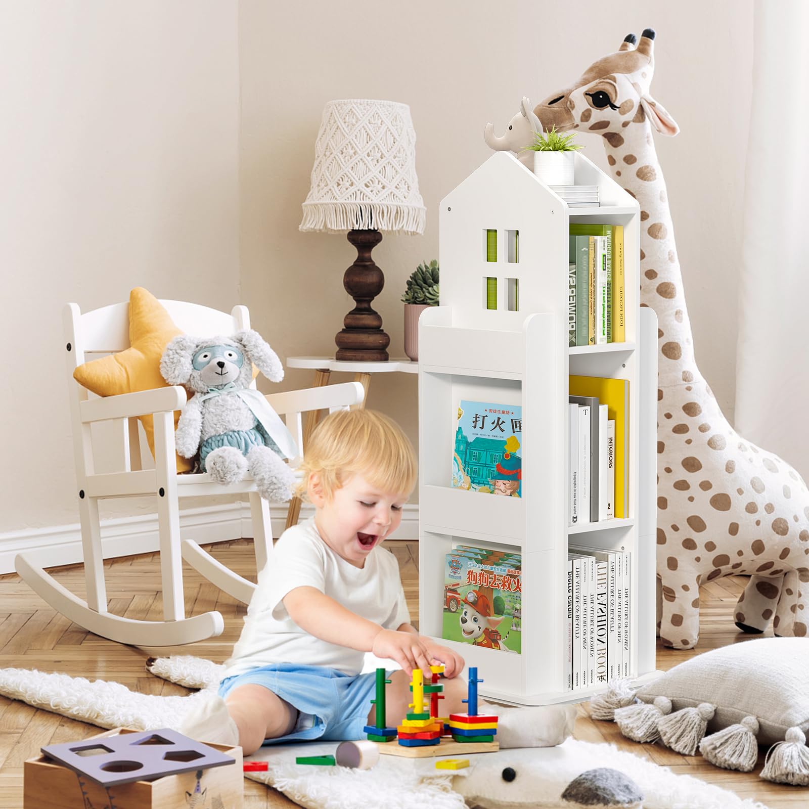 Nisorpa Rotating Bookshelf 360° Display Floor Standing Bookcase Freestanding Storage Organizer Holder Book Rack for Kids Multi-Functional Bookshelf Organizer 37.4'' x 13.38'' x 13.38''