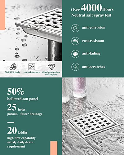 KUZOR Square Shower Drain 4 inch, Brushed Nickel 2 Pack Floor Drains for Shower with Flange and Hair Strainer, Brushed 304 Stainless Steel Quadrato Pattern Grate Removable, Fast 6.5 GPM Drainage