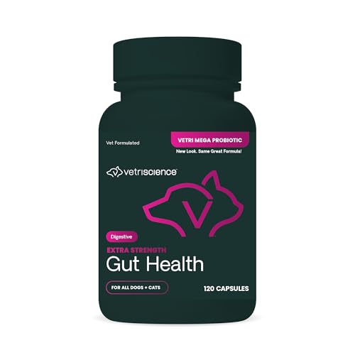 VetriScience Extra Strength Gut Health Easy-Open Capsules, Probiotic & Prebiotic Digestive Supplement for Dogs & Cats, Digestion, Gas & Diarrhea, Immune Support, 7.5 Billion CFU Per Capsule, 120 Count