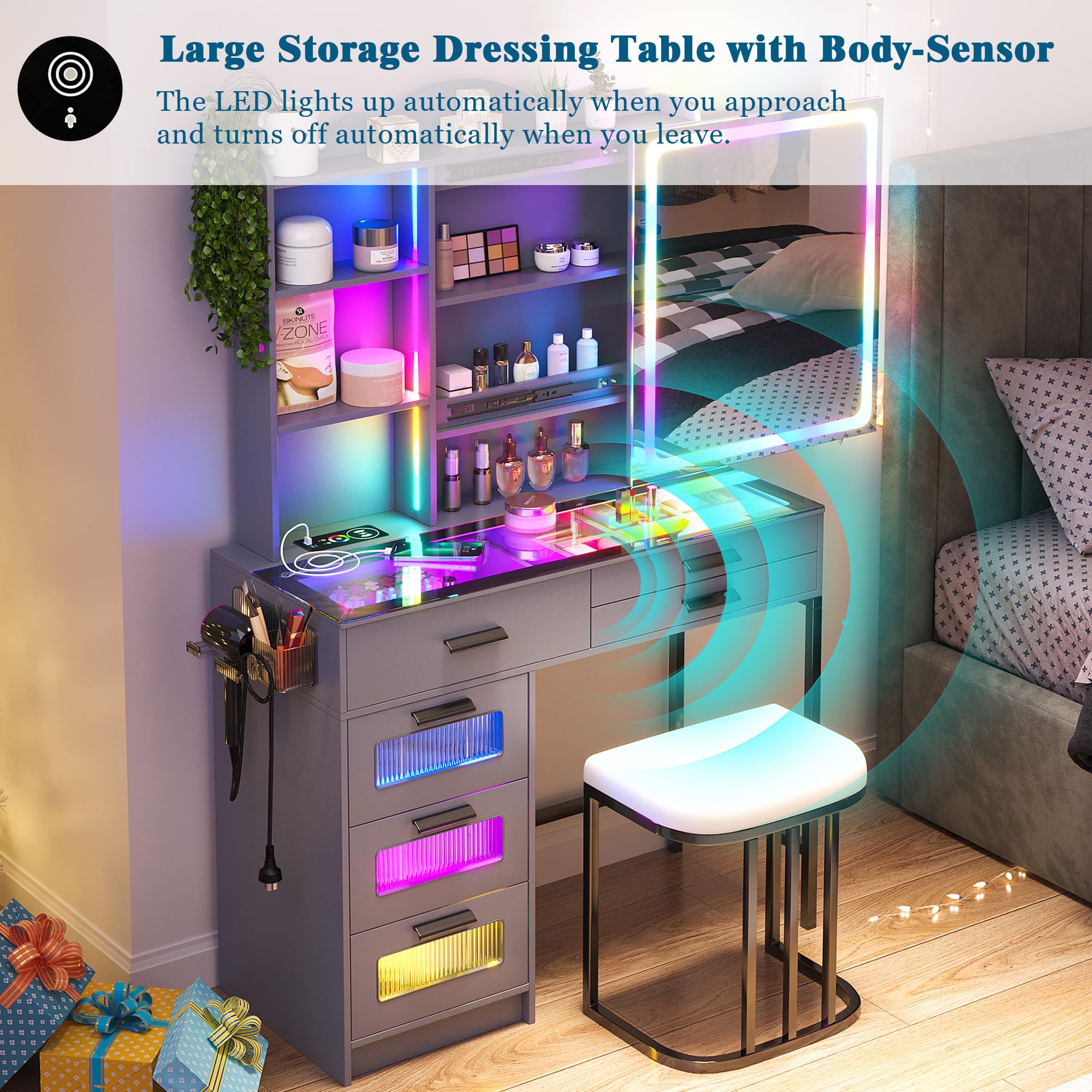 WOOVIVS RGB Vanity Desk with Sliding Mirror and Lights, LED Makeup Vanity with Charging Station/Motion Sensor Light, Glass Top Vanities Dressing Table Set with Jewelry Box,6 Drawers,Stool (White)