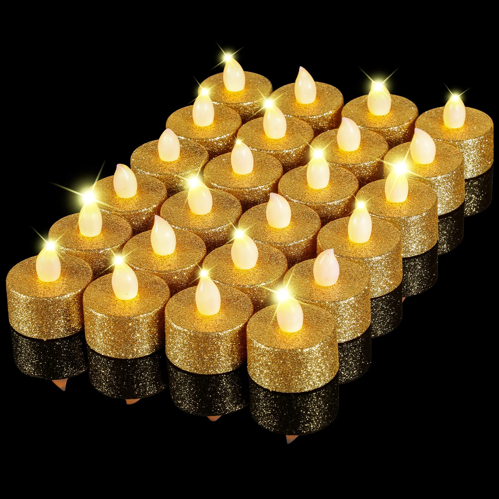 Mudder 24 Pieces Gold Tea Lights LED Candles Tealights Flameless Votive Battery Operated Tea Lights Electric Glitter Flickering Tealight for Valentines Holiday, Wedding, Festival Gift, Party Decor