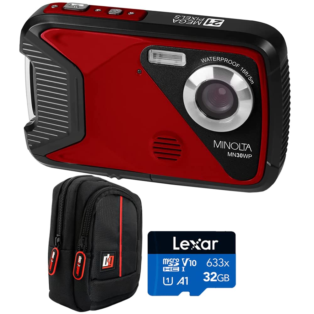 Minolta MN30WP 21MP Full HD 2.8" Touch LCD Screen Waterproof Digital Camera - Red Bundle with Deco Photo Point and Shoot Field Bag Camera Case + Lexar microSDHC/microSDXC UHS-I 32GB Memory Card