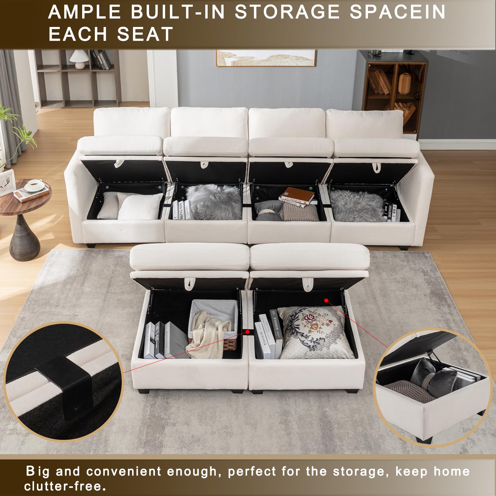 Nixorien Modular Sectional Sofa,U Shaped L Shaped Sectional Couch with Storage 5 Seats,Adjustable Backrest,Convertible Sectional Couch for Living Room (Beige)