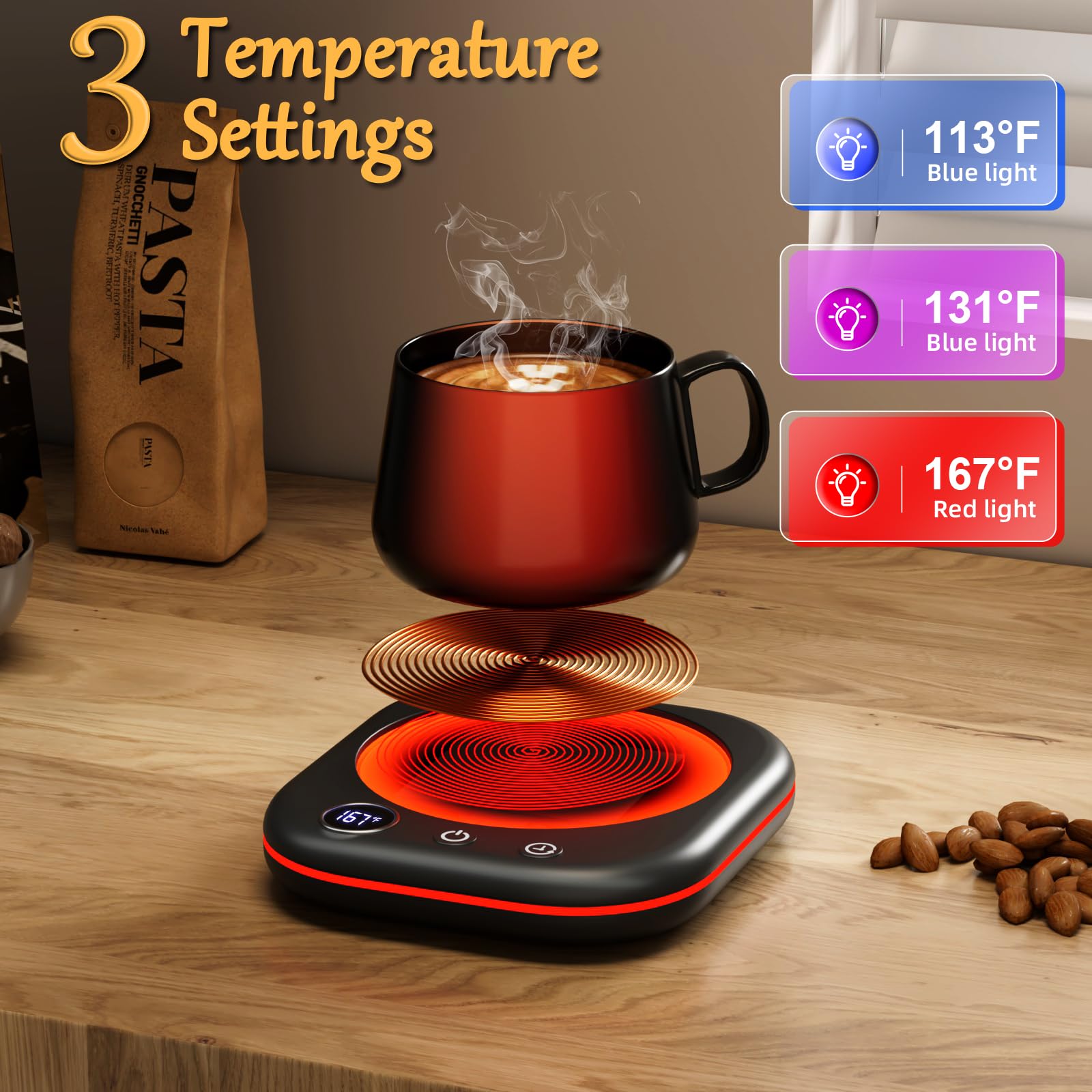 Mug Warmer Upgraded,Coffee Mug Warmer for Desk LEDs Light 3 Temp Settings (45-75β) 1-12H Timer 4 H Auto Shut Off Beverage Cup Candle Warmer for Coffee Tea Milk(Black)