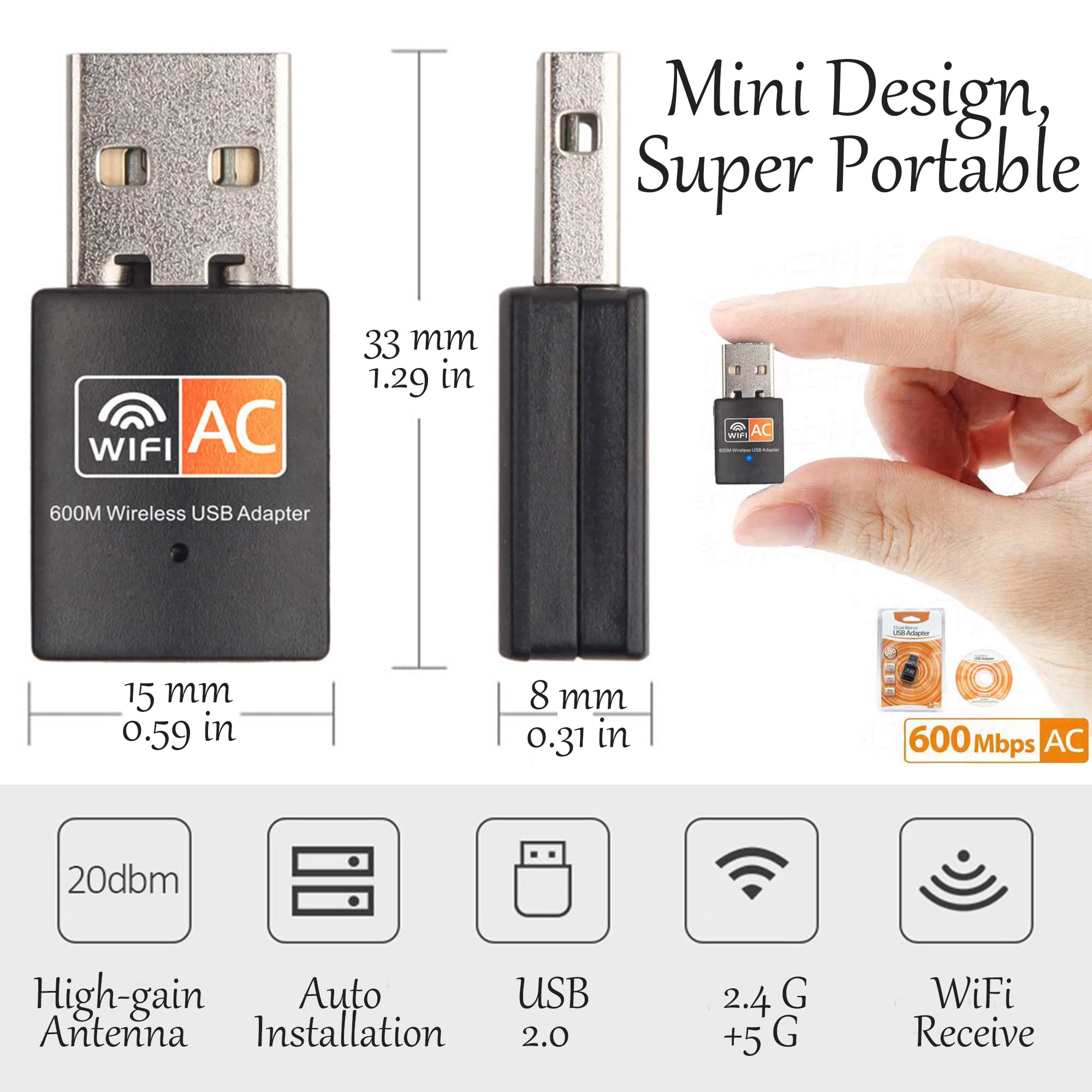NMM USB WiFi Adapter, 600Mbps 5GHz / 2.4GHz 802.11 ac Wireless Dongle for PC Desktop Laptop, Auto Installation, Compatible with Windows 10/11/8.1/8/7/XP/Vista/Mac OS X 10.6~10.15.3