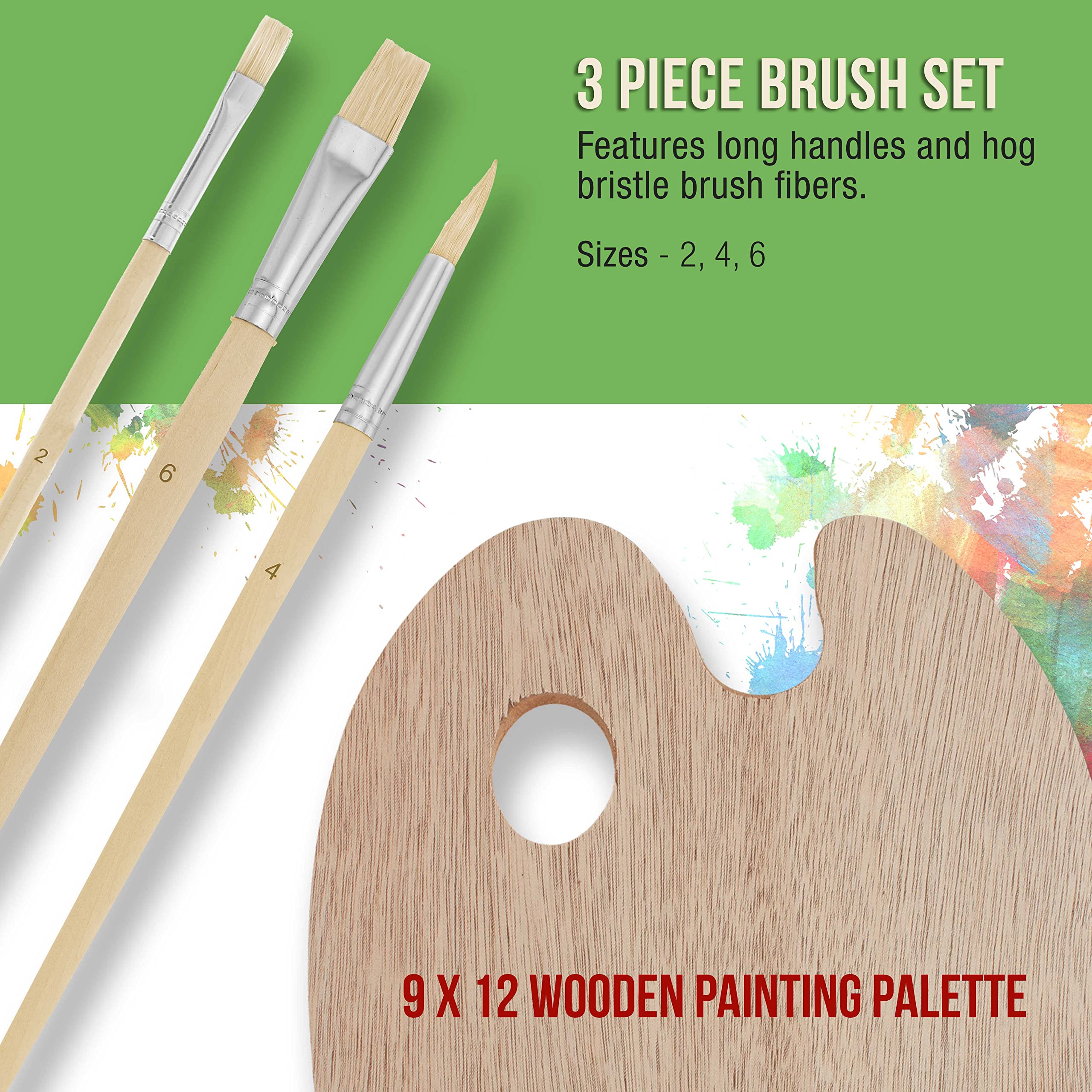U.S. Art Supply Artist Painting Set with 6 Vivid Acrylic Paint Colors, Wood Painting Palette, 3 Brushes - Basic Artwork Project Essentials - Fun Children, Kids, School, Students, Beginners Starter Kit