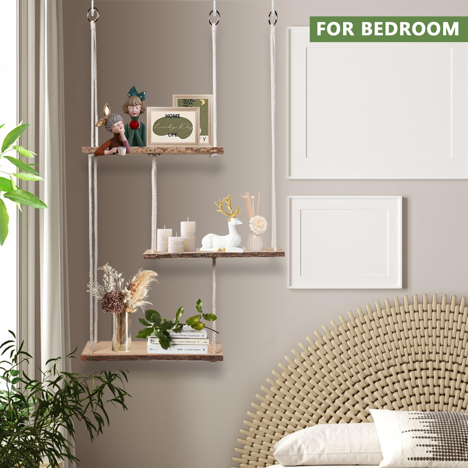 OriCre Floating Shelves Boho Wall Shelves 3 Tier Rustic Wood Hanging Shelves Adjustable Rope Shelf for Boho Aesthetic Room Decor Bedroom/Living Room/Bathroom/Kitchen/Corner/Plant,Book,Décor