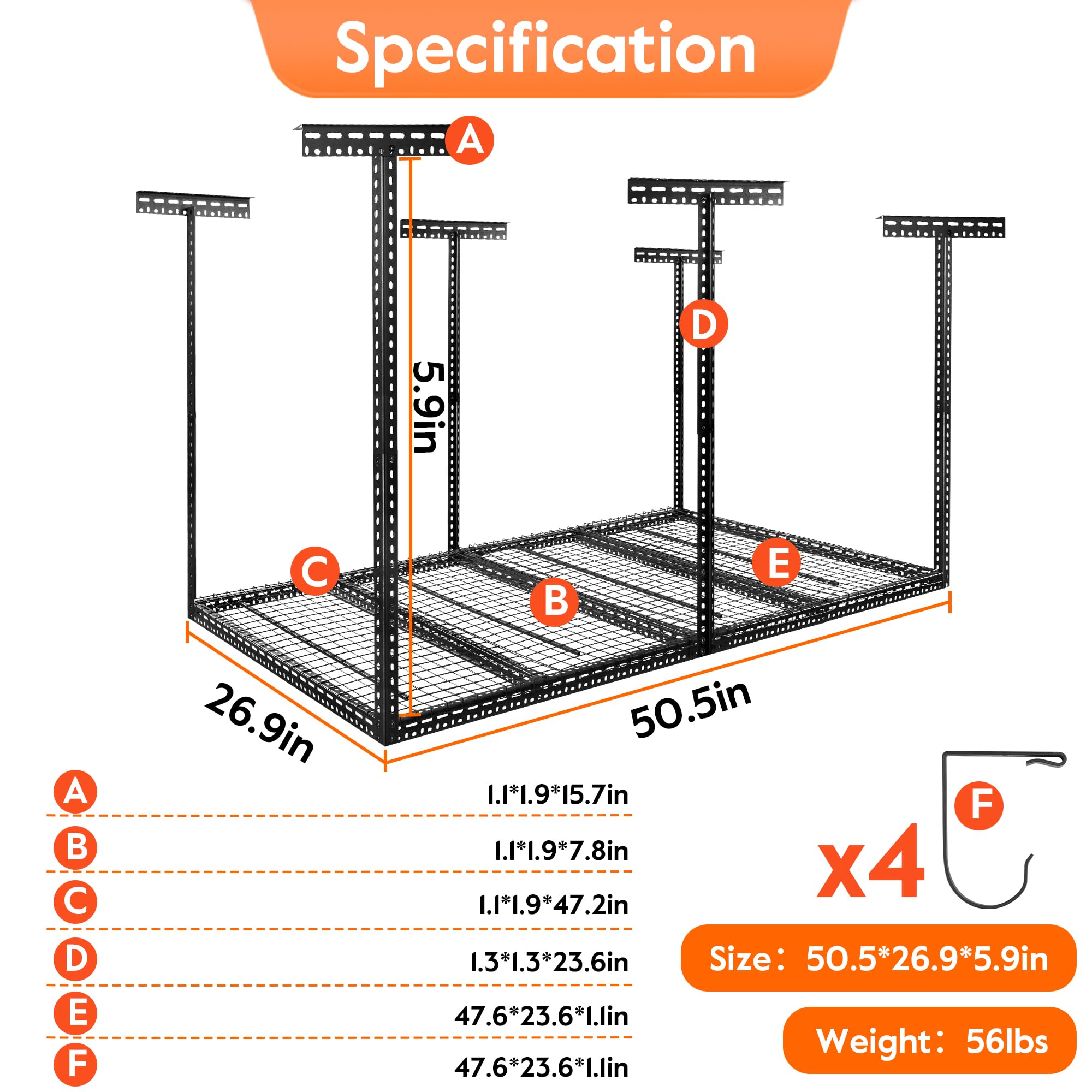 Rengue Overhead Garage Storage Rack, 4 x 8FT Height Adjustable Garage Ceiling Storage Racks, Heavy Duty Cold Rolled Steel Storage Rack for Garage, Warehouse with 4 Hooks