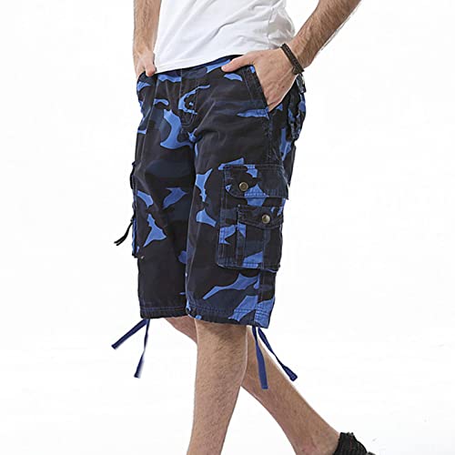 Men Relaxed Fit Camo Cargo Shorts Camouflage Multi Pockets Outdoor Short Pants Lightweight Loose Military Short (Blue,31)