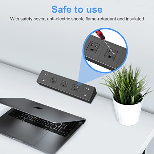 Metal Desk Clamp Power Strip with 4 USB Ports,Desk Edge Power Strip Surge Protector 800J with 3 Widely Spaced Tamper Resistant AC Outlets for Large Plug,6ft Cord,Fit 2 inch Tabletop Edge