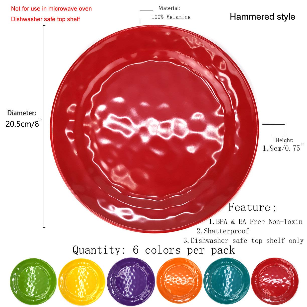 KX-WARE Melamine Plates Set of 6, 8-inch 100% Melamine Salad Plates for Everyday Use, Break-resistant and Lightweight, Multicolor