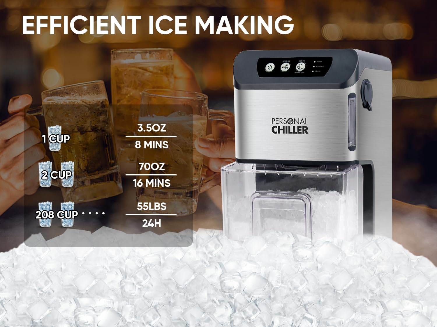PERSONAL CHILLER Nugget Ice Maker Machine, 55lbs/24h Self-Cleaning Ice Machine, Chewable Ice Maker for Home Bar, Coffee Shop, Business