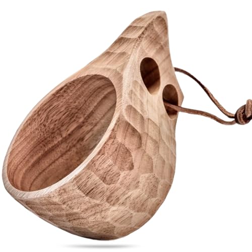 überleben Dursten Kuksa Wooden Cup - Handcarved Camping Mug Wood Cup - 8oz Traditional Nordic Camping Coffee Mug, Hiking Cup - Lightweight, Durable Bushcraft Camping Bowl w/Lanyard & Carabiner