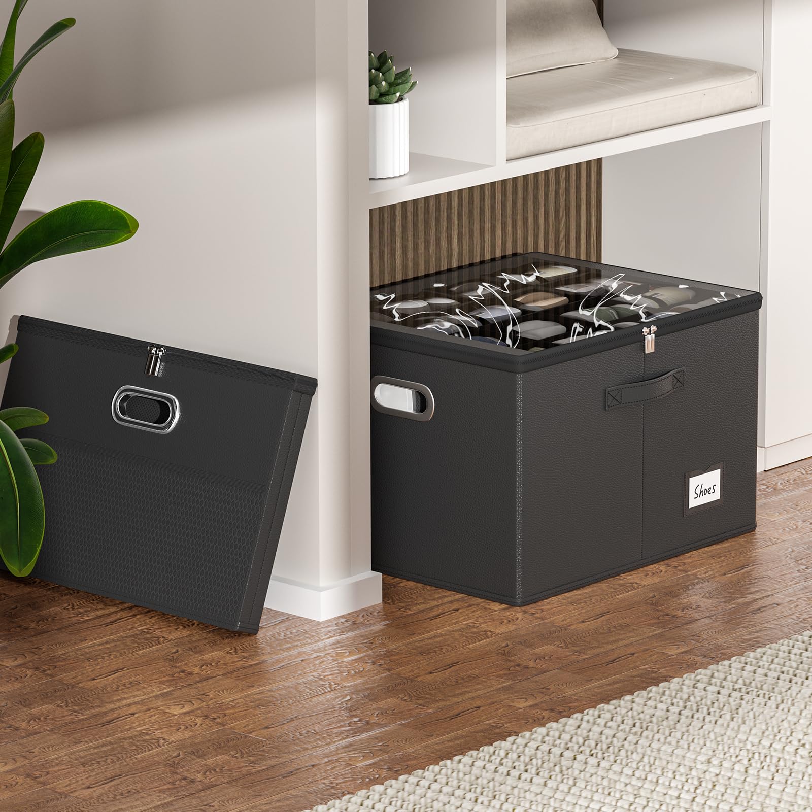 Shoe Organizer for Closet,Fits 16 Pairs,Leather Fabric Shoe Storage Bins with Clear Cover,Shoe Box Storage Containers,Adjustable Dividers for Storage with 4 Handles (Black, (19.7 * 15.7 * 13) x1)