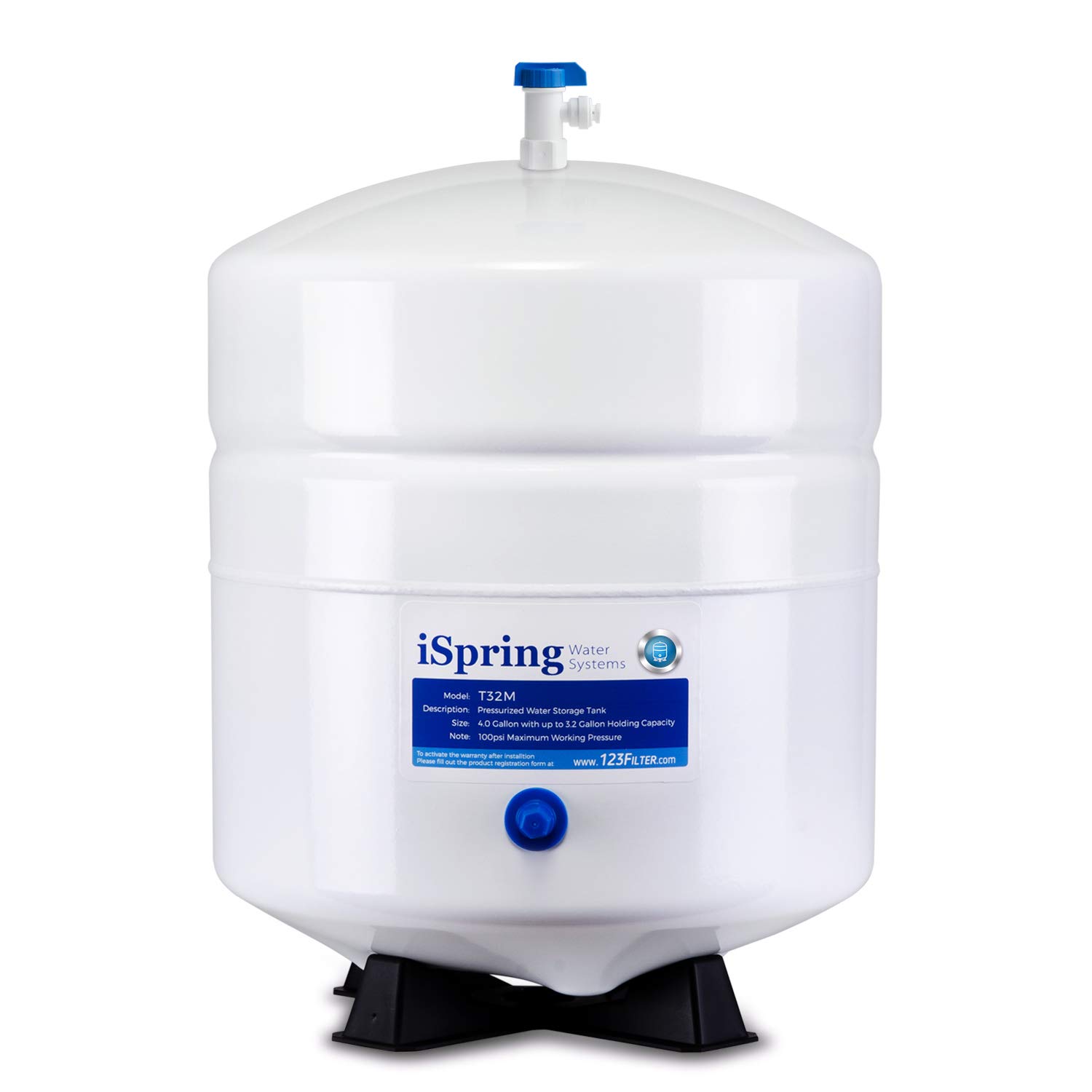 iSpring T32M Pressurized Water Storage Tank with Ball Valve for Reverse Osmosis RO Systems, 4 Gallon, 1/4" Tank Valve Included