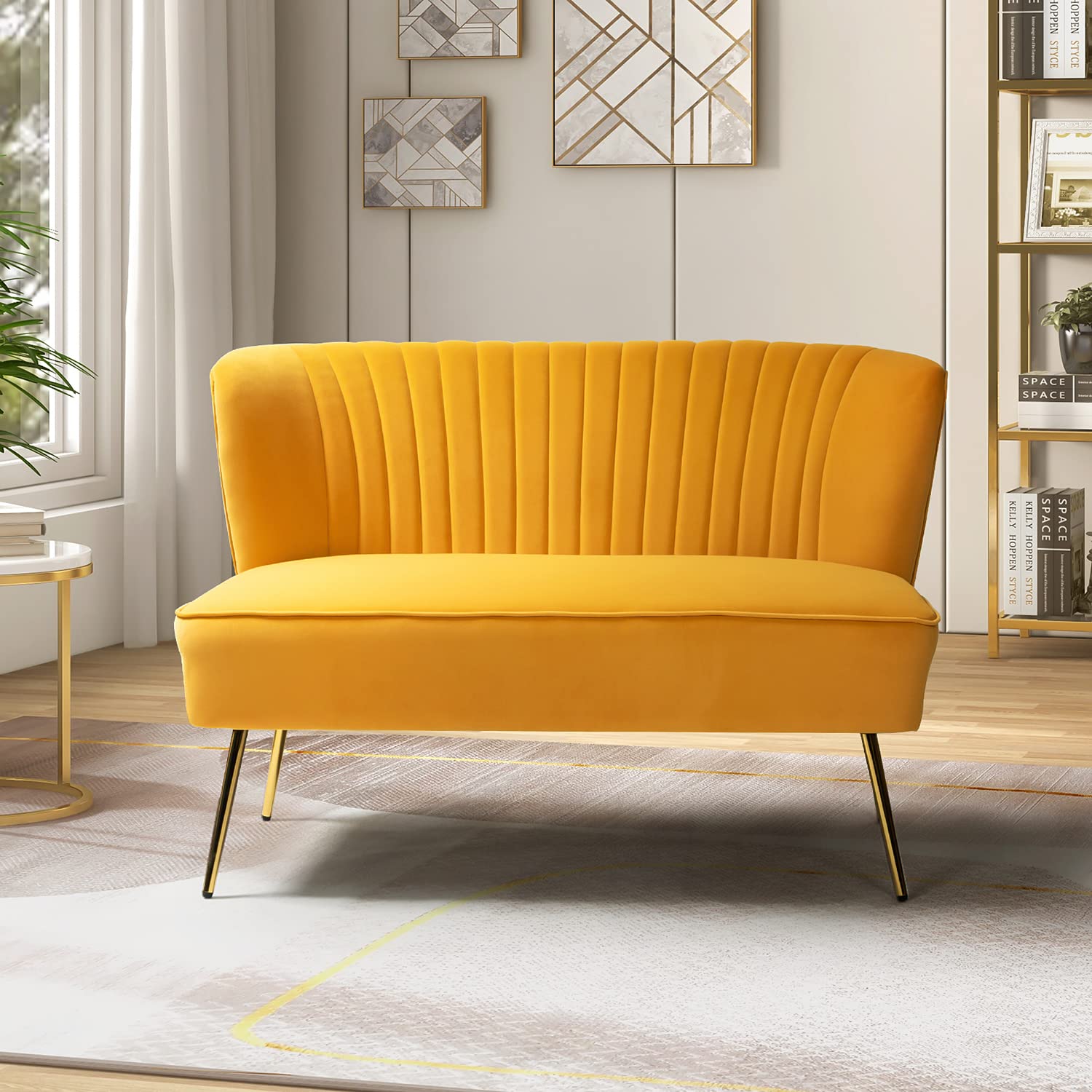 TINA'S HOME Contemporary Velvet Loveseat Sofa, Upholstered Loveseat Couch with Golden Metal Legs, Small Tufted 2-Seat Sofa Armless Love Seat for Living Room, Bedroom, Apartment Small Spaces, MUSTARD