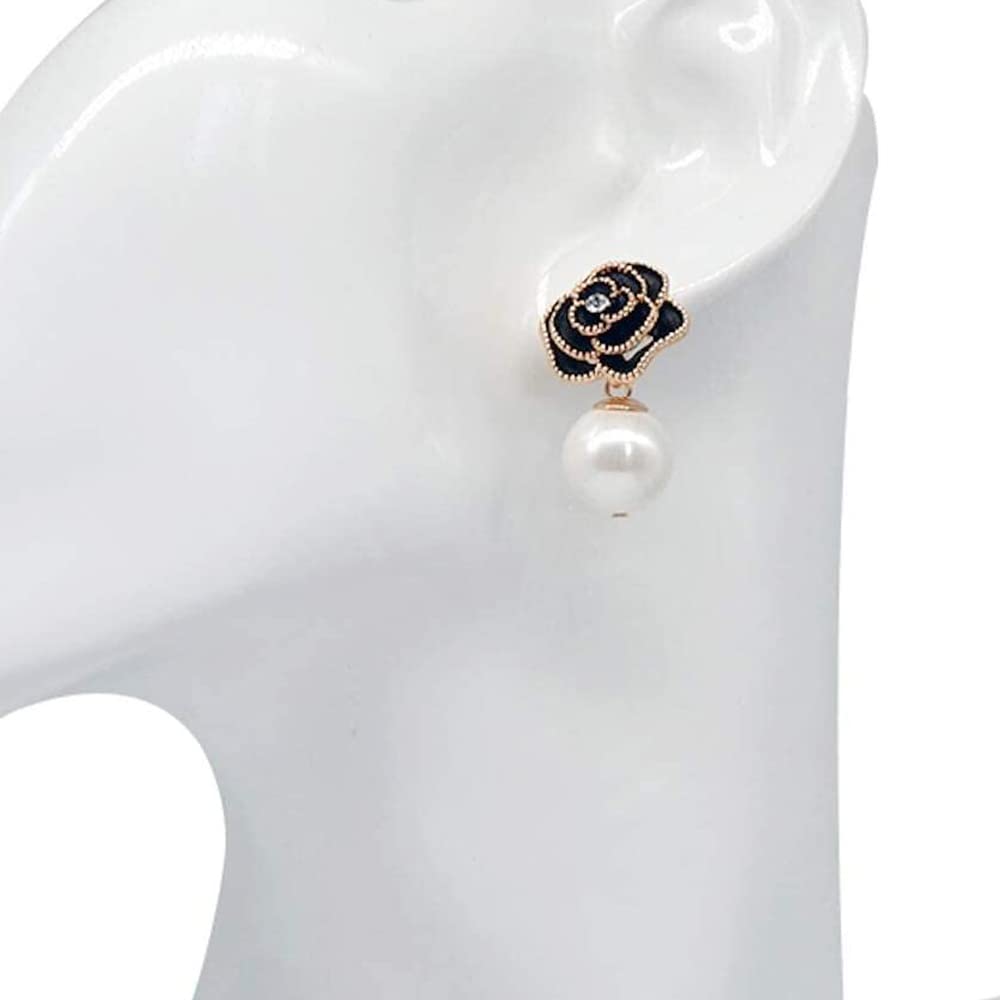 Imitation Pearl Rose Charm Dangle Stud Earrings for women (Black)