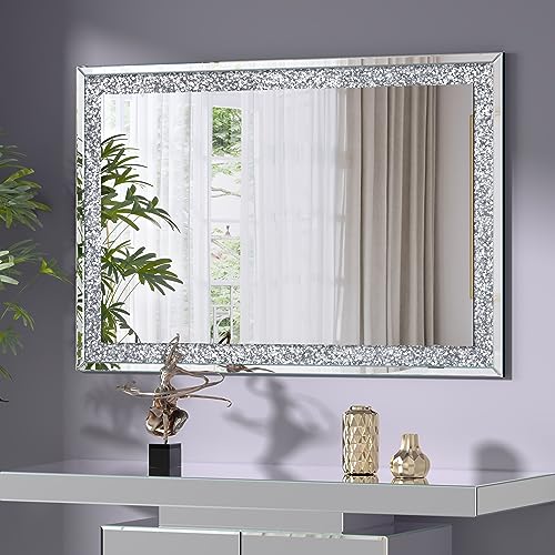 MUAUSU Crystal Crush Diamond Mirror 46.5"x30.6" Rectangular Silver Mirrors for Wall Decor Large Decorative Wall Mirror for Living Room Bedroom