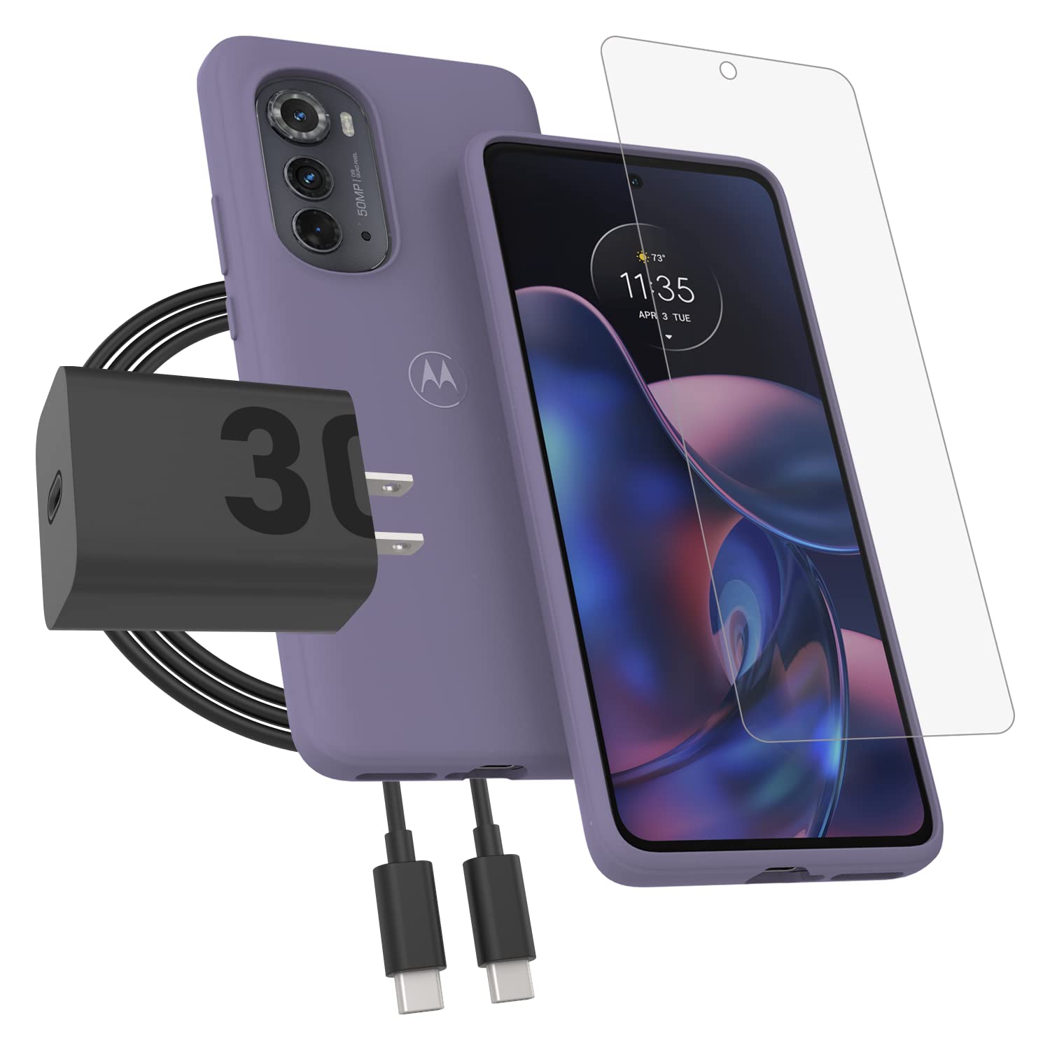 Motorola Edge (2022) Soft Protective Daybreak Case + 9H Glass Screen Protector + TurboPower 30W Charger and 3.3ft USB-C Cable Bundle (Not for Edge+ (Plus) 2022)