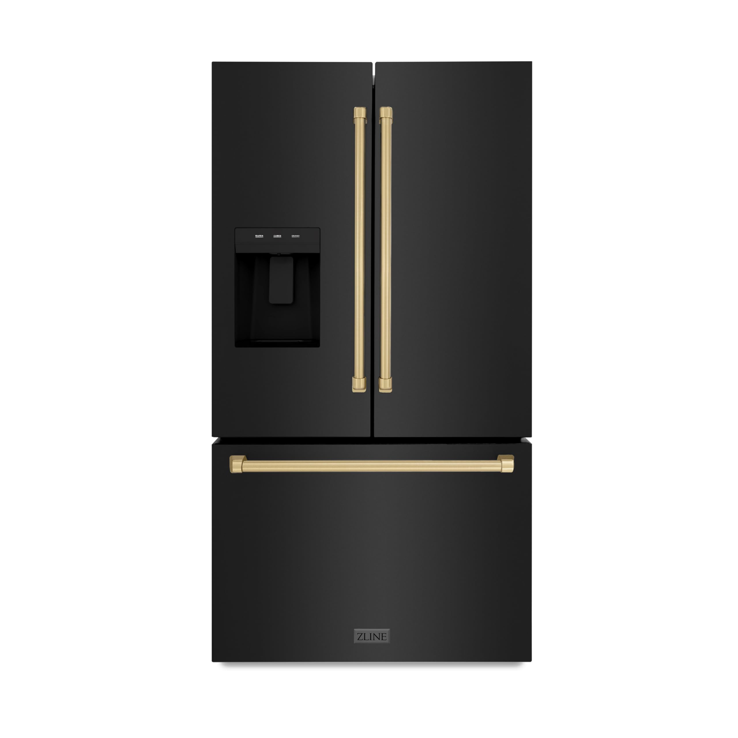 ZLINE Autograph Edition 36 in. 28.9 cu. ft. Standard-Depth French Door External Water Dispenser Refrigerator with Dual Ice Maker in Black Stainless Steel and Champagne Bronze Traditional Handles
