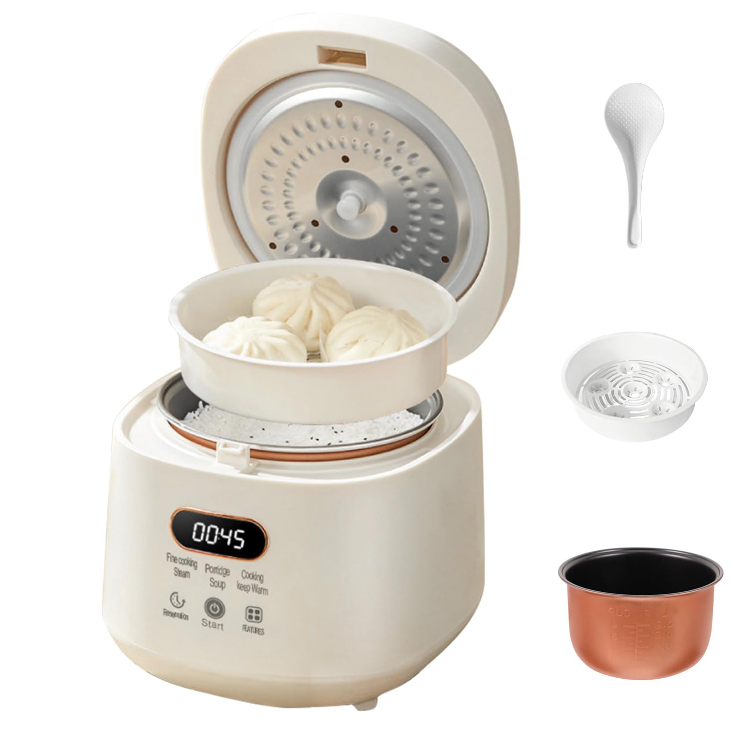 NUNET Electric Rice Cooker, Portable 6-1 Multi-Functional Smart Food Steamer Time Control 400W Mini Cooker 2QT 3 Cups Uncooked/5 Cups Cooked for Soup Grain Oatmeal w. Non-Stick Inner Pot