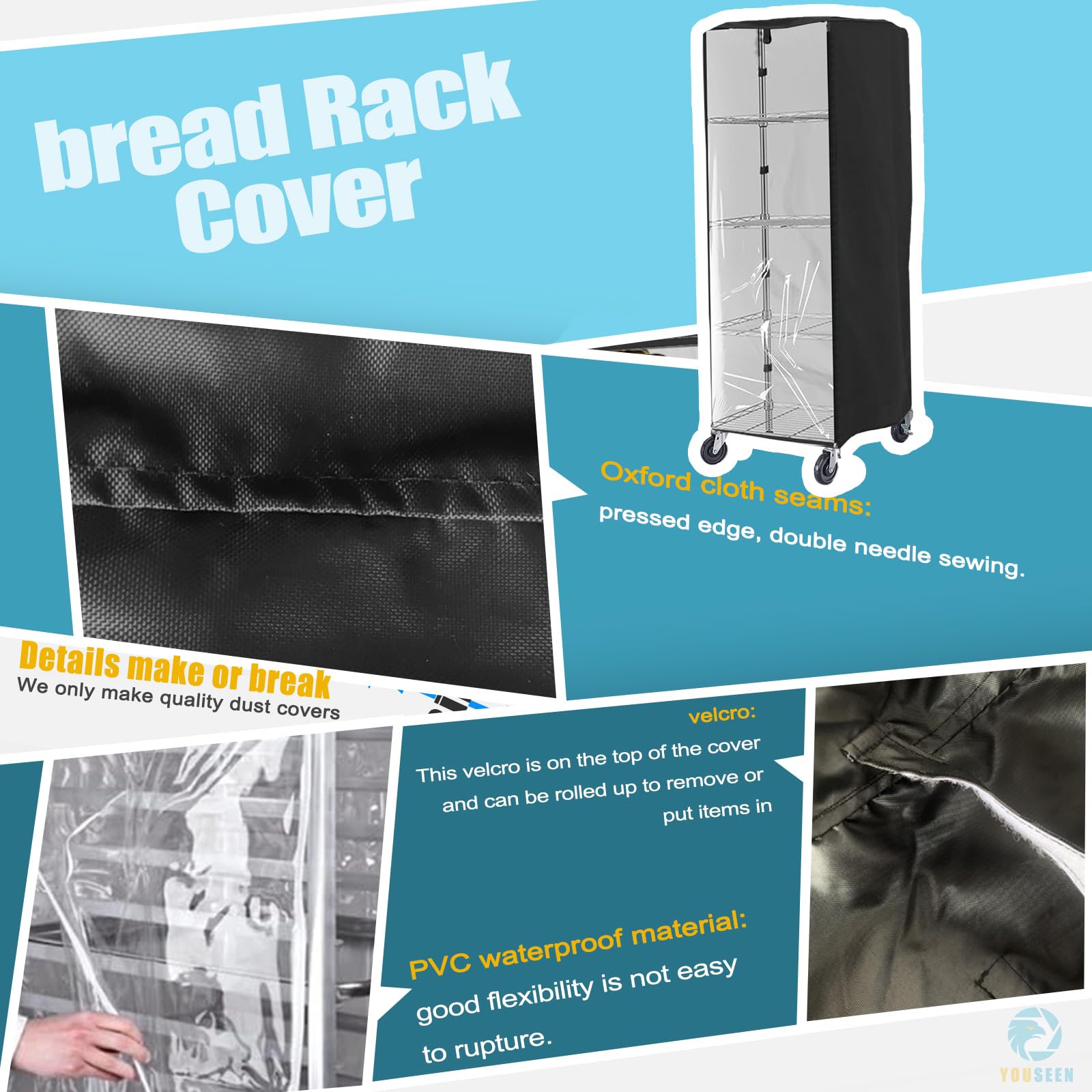 YOUSEEN Pan Bun Rack Cover,High Density Waterproof and Dustproof Bread Rack Cover,23" W x 28" D x 64" H,Bakery Single Rack Covers,Front Clear PVC,Black.