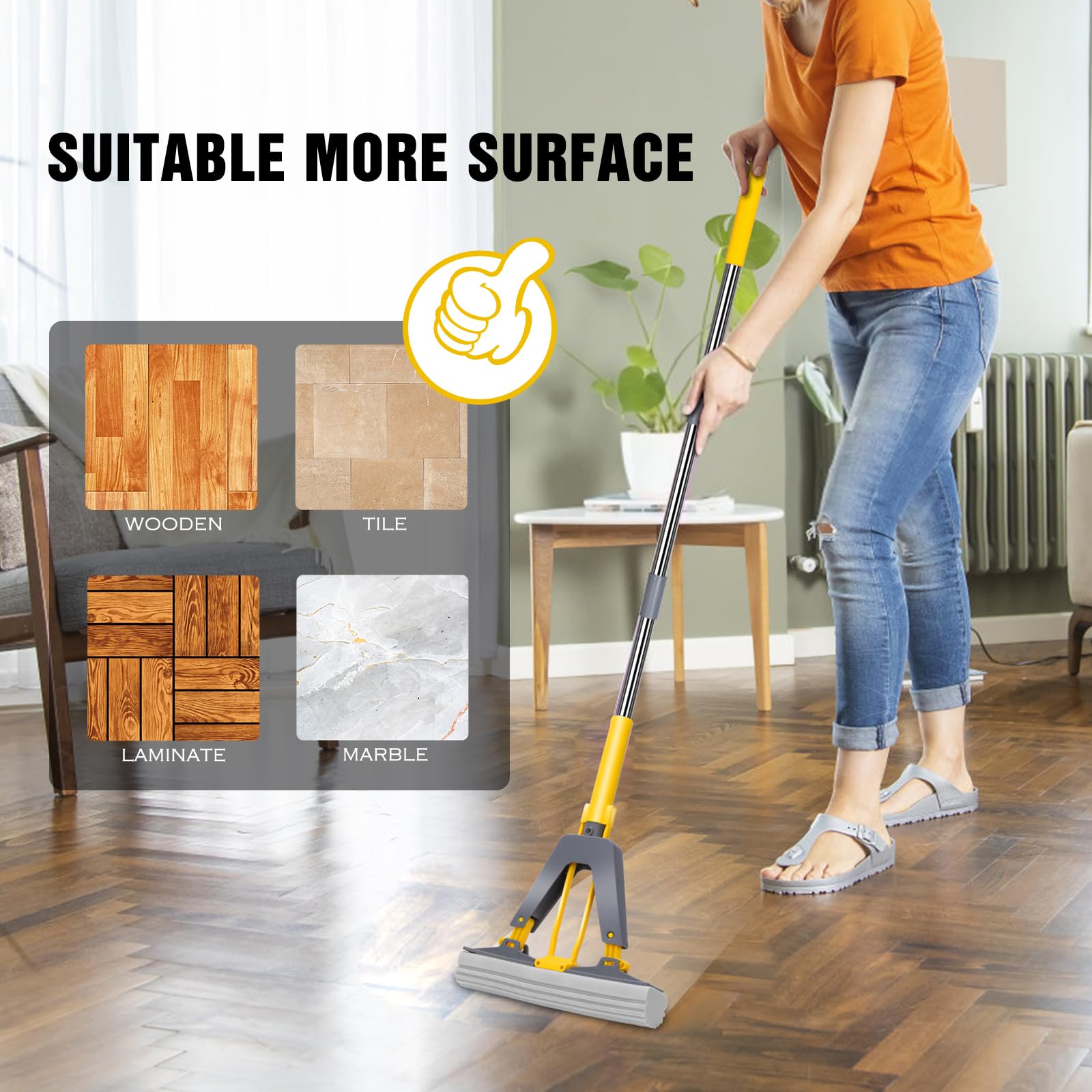 Nolopau Sponge Mop and Spin Mop Bucket with Wringer Set for Floor Cleaning, Separate Clean and Dirty Water, Self Squeeze Sponge Mop for Home Commercial Use