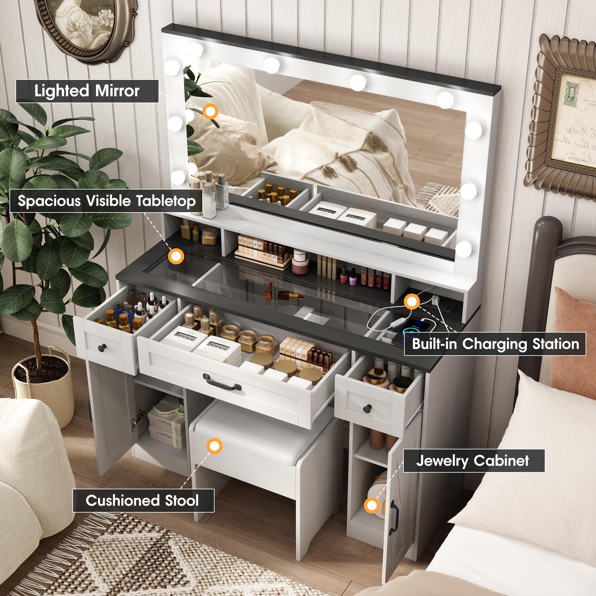 Vabches Vanity Desk with Mirror and Lights,Glass Top,Makeup Vanity Table Set with Stool,Charging Station and 3 Lighting Modes,2 Cabinets 4 Drawers Dressing Table,White