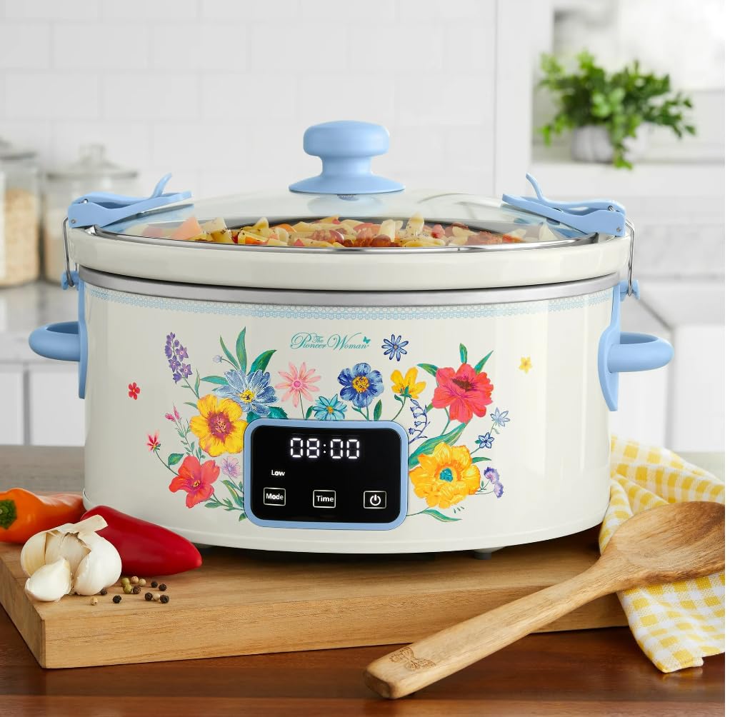 Pioneer Woman 6 Qt Digital Brilliant Blooms Slow Cooker with Locking Lid, With 9 Pieces Utensil Natural Bamboo Bundle