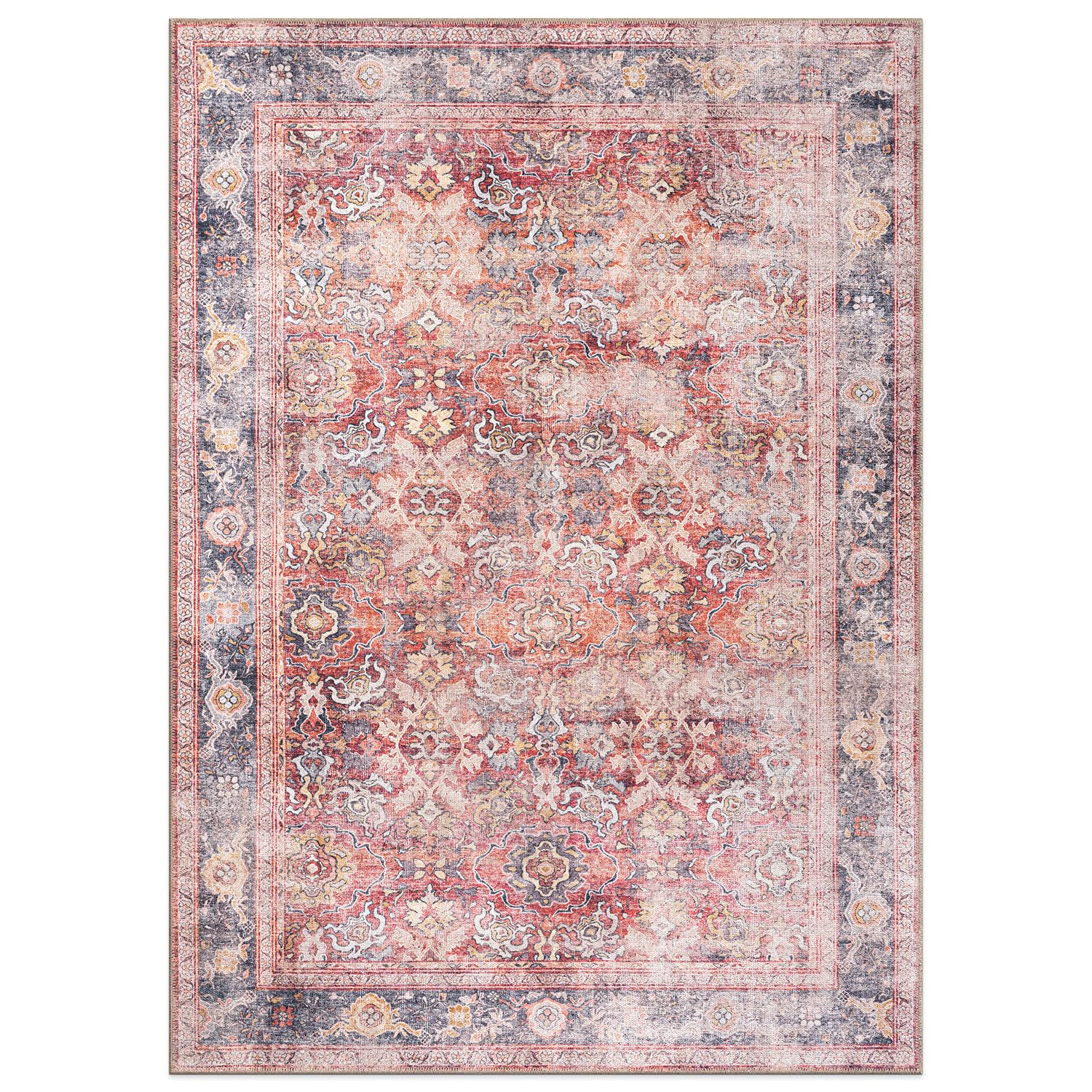 Rugshop Vintage Bordered Machine Washable Non Slip Area Rug Ideal for Living Room, Bedroom,Kitchen,Entryway,Dining Room,Office 10' x 14' Red
