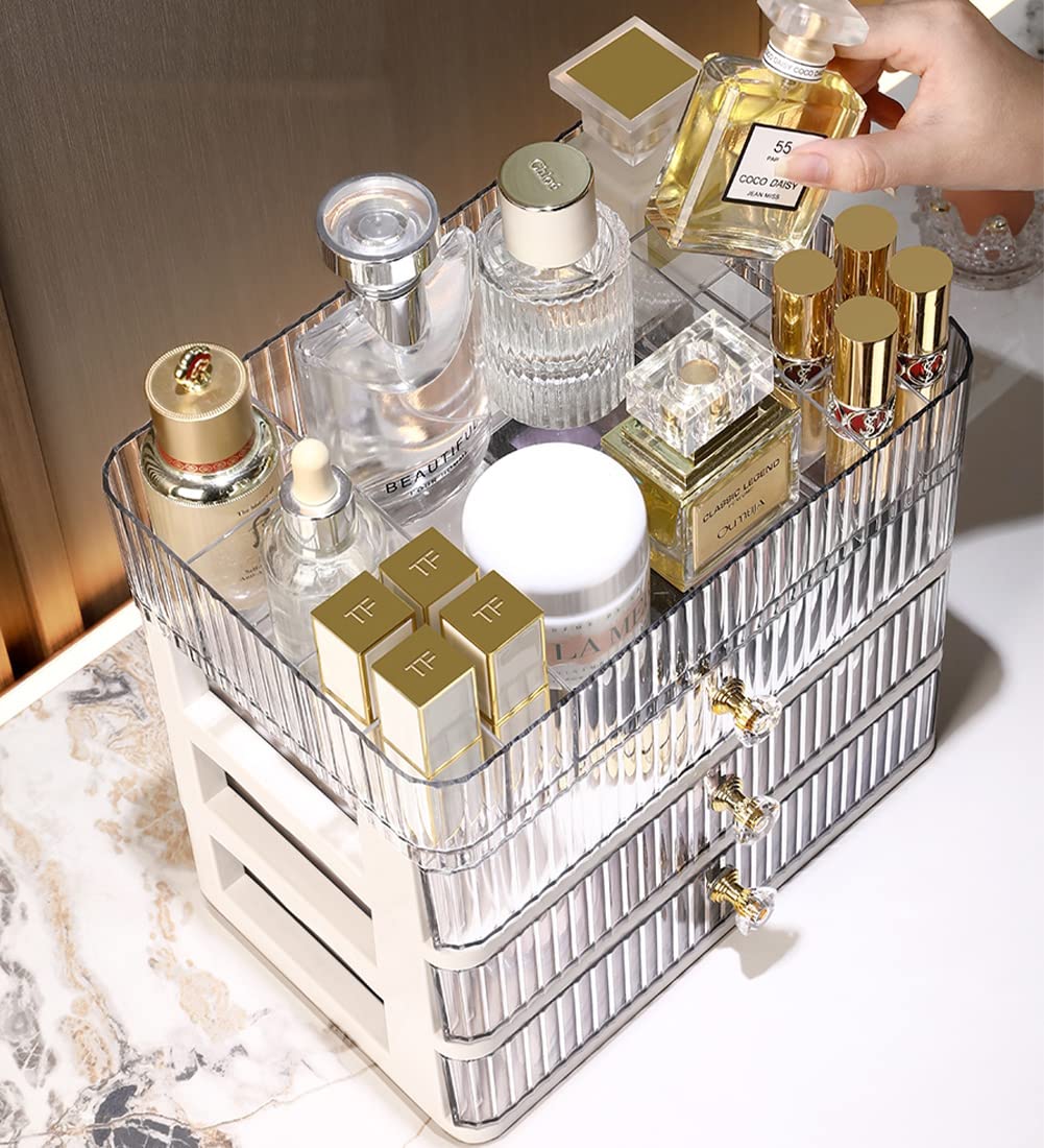 MIUOPUR Makeup Organizer with 3 Large Drawers, Countertop Organizer for Cosmetics, Ideal for Bathroom and Bedroom Vanity Countertops, Desk Storage Holder for Lipstick, Brushes and Nail Polish