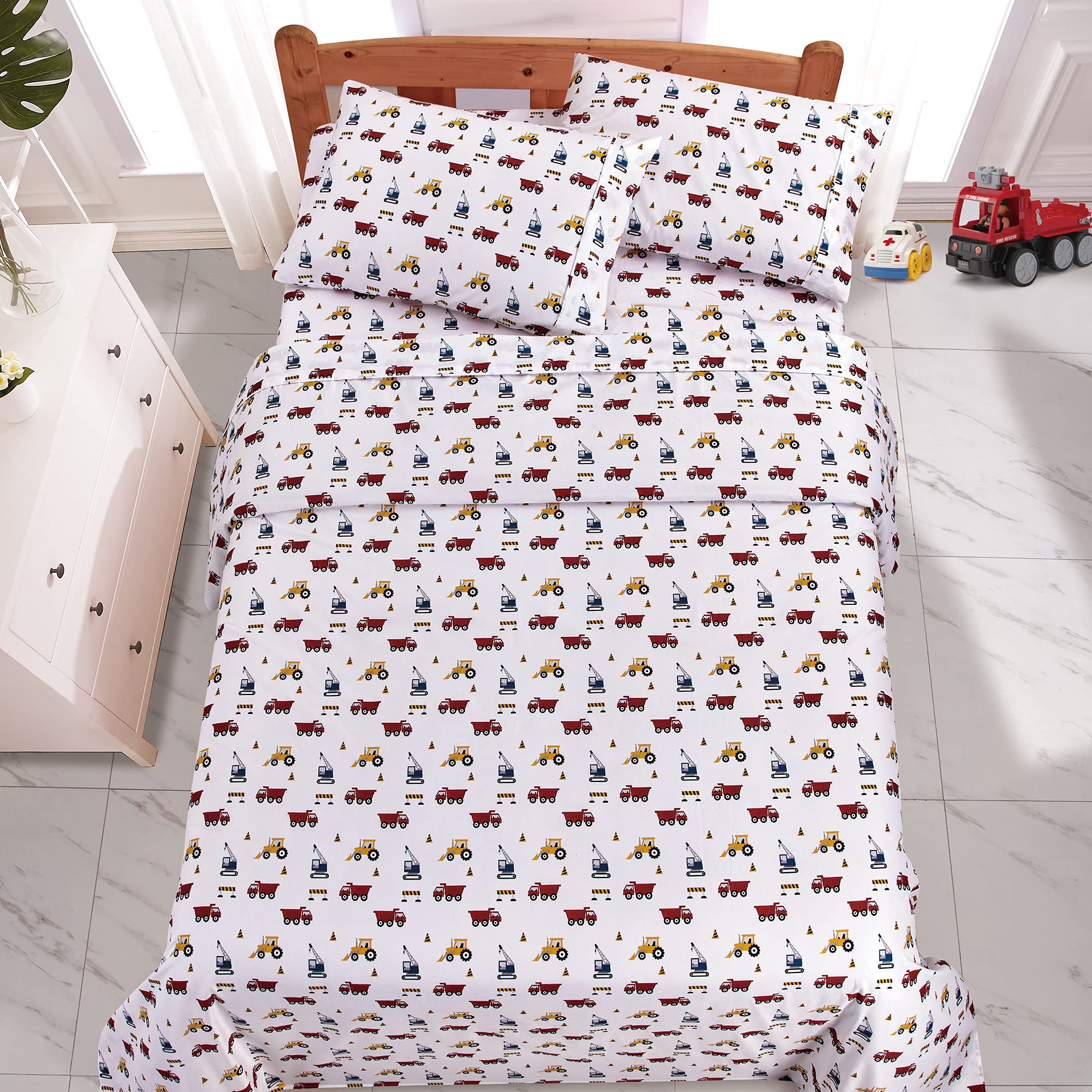 Viviland Kids Twin Sheet Set - Twin Size Printed Boys Bed Sheets - Kids Boys Toddlers Breathable Fitted Bed Sheet Twin - Excavator Toys Theme