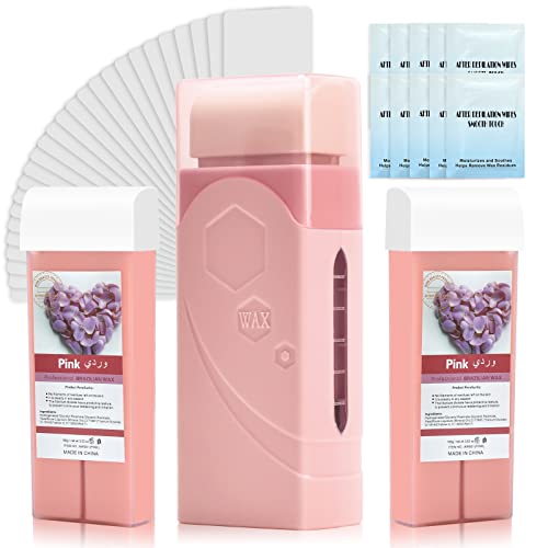 Roll On Waxing Kit, Depilatory Roll On Wax Warmer for Hair Removal with 2 Rose Cartridges Refill 10 Wax-removing Wipes and 100pcs Wax Strips, At Home Waxing Kit for Women and Men