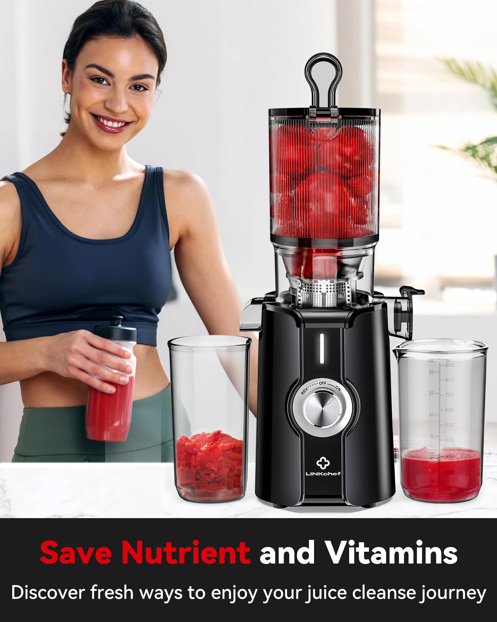 Rush Clear Slow Masticating Juicer Machines, Cold Press Juicer with No-Prep 4.35" Feed Chute Fit Whole Fruits & Vegetables Juicer Machine Easy to Clean, LINKChef 42oz Capacity, 200w, Blackout