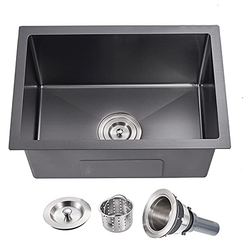 MENATT 24 Inch Undermount Single Bowl Kitchen Sink, SUS304 Stainless Steel Handmade Kitchen Sink Undermount Black, 24"x18"x9"