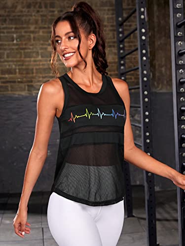 SOLY HUX Women's Mesh Graphic Sports Tank Top Sleeveless Curved Hem Workout Gym Yoga Tops Plain Black S