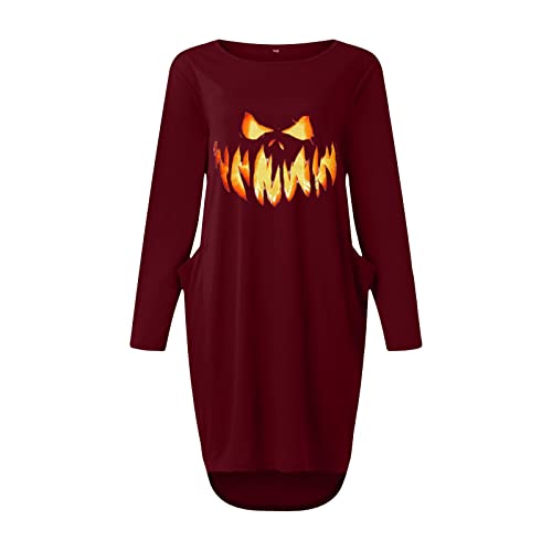 QUFECH Adult Women Halloween Costumes, Costumes For Alice In Wonderland Costume Girls 44783 Hallowmas Print Long Sleeve Tunic Dresses Pockets Plus Size T-Shirt Dress Women's Casual Loose (XL, Wine)