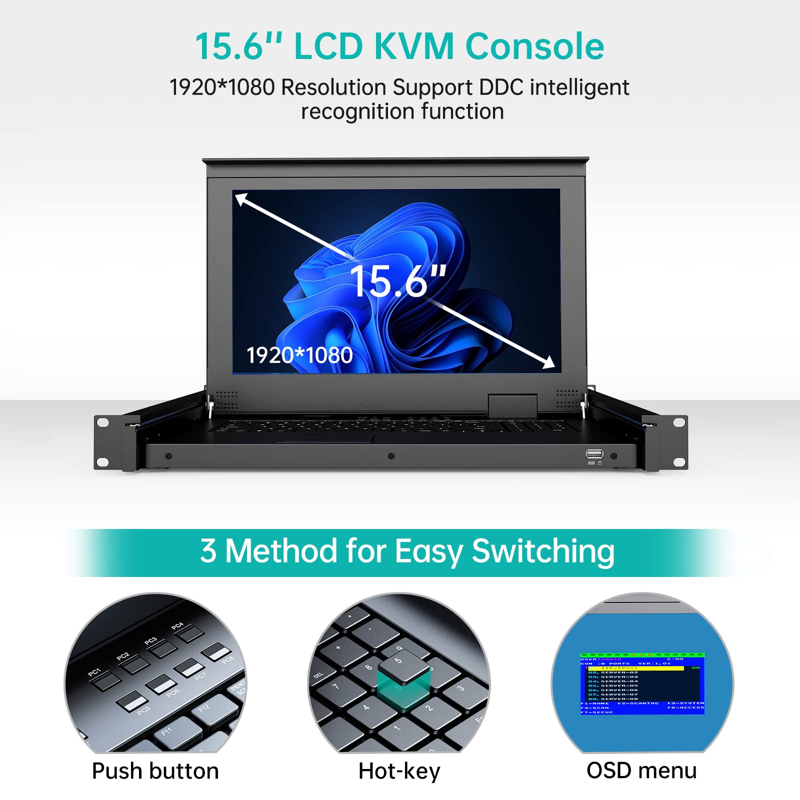 MT-VIKI 1U Rack Mount KVM Console, 8 Port KVM VGA Switch w/15.6'' LCD Monitor, 1080P, Mount into 23.6-31.5 inch deep Server Cabinet, Integrated Touchpad+Keyboard+8 KVM Cables