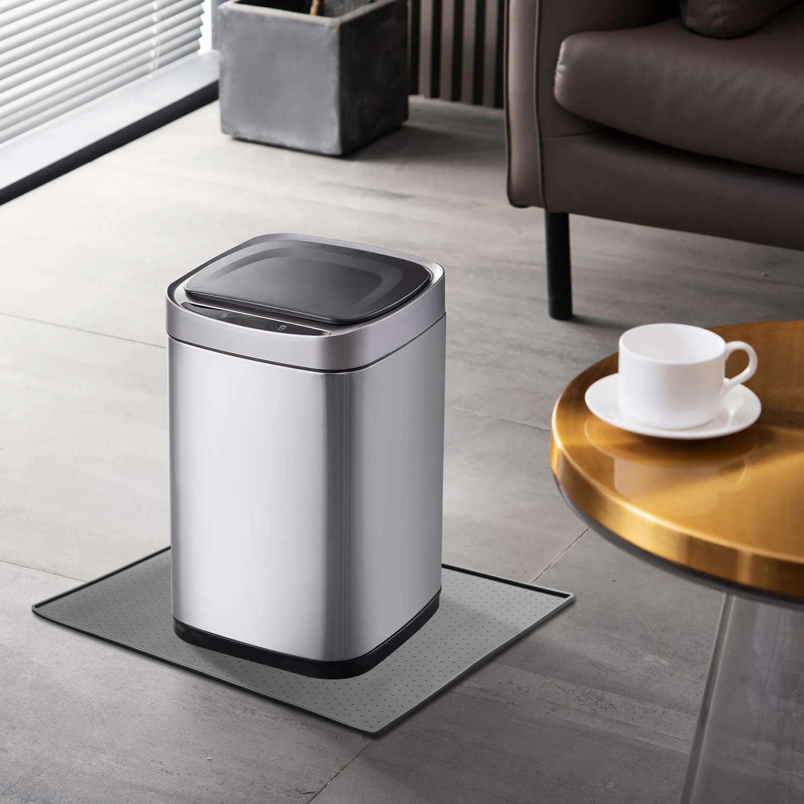 OBKING Trash Can Mat, with Non-Slip Particles to Prevent Trash Can Movement and Protect Floors, Raised Edges to Prevent Spills, Suitable for Kitchen, Living Room, Bedroom(11.8"x18.9")