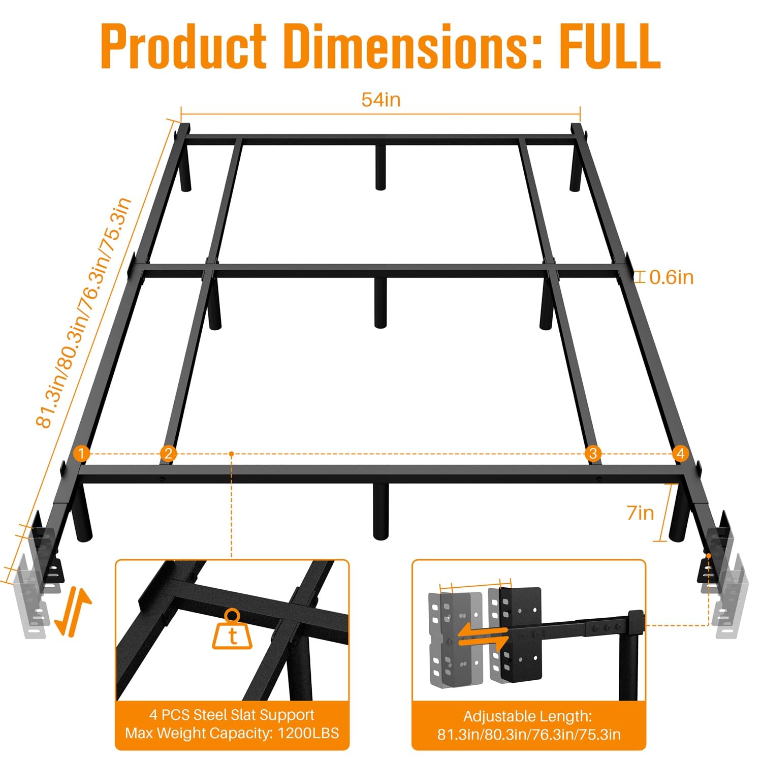 UJUJIA Queen Bed Frame, 7 Inch Low Heavy Duty Metal Platform Bed Frames Queen Size for Box Spring and Mattress, Easy Assembly, Noise-Free, Adjustable, Black