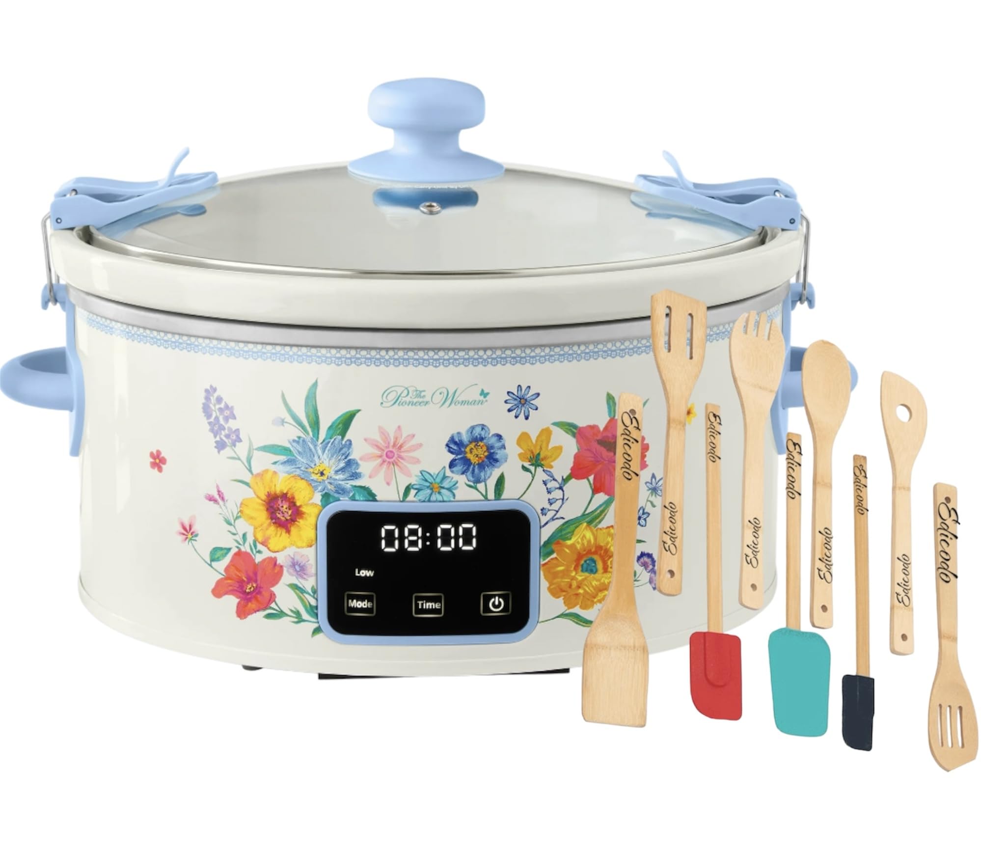 Pioneer Woman 6 Qt Digital Brilliant Blooms Slow Cooker with Locking Lid, With 9 Pieces Utensil Natural Bamboo Bundle