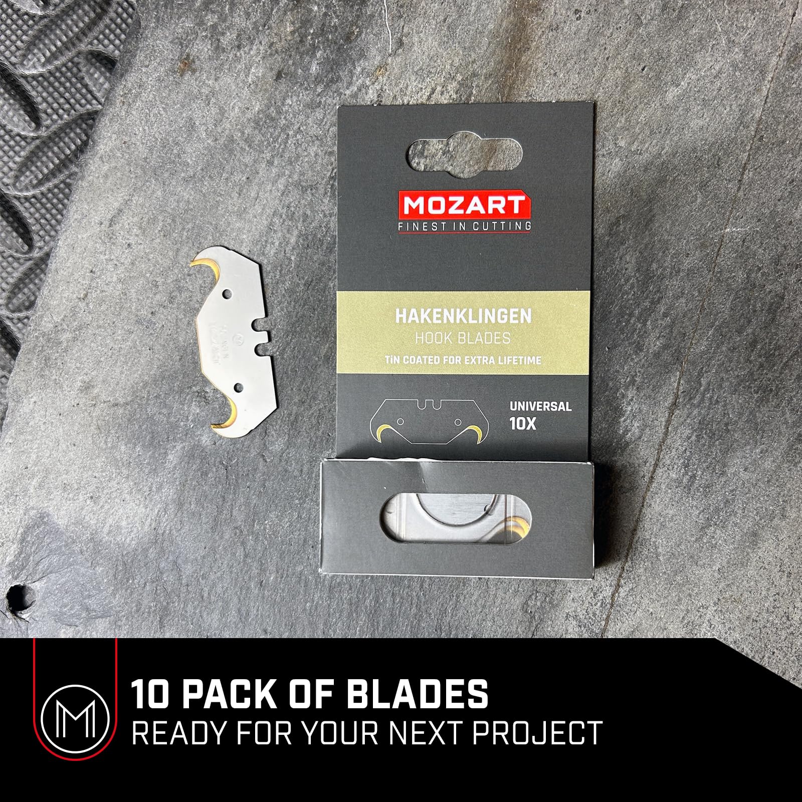 Mozart Universal TiN Hook Utility Blade: RC65 High-Carbon Steel, Titanium Nitride coating. Ideal for roofing, flooring, drywall, and more. Made in Germany. (10 Pack)