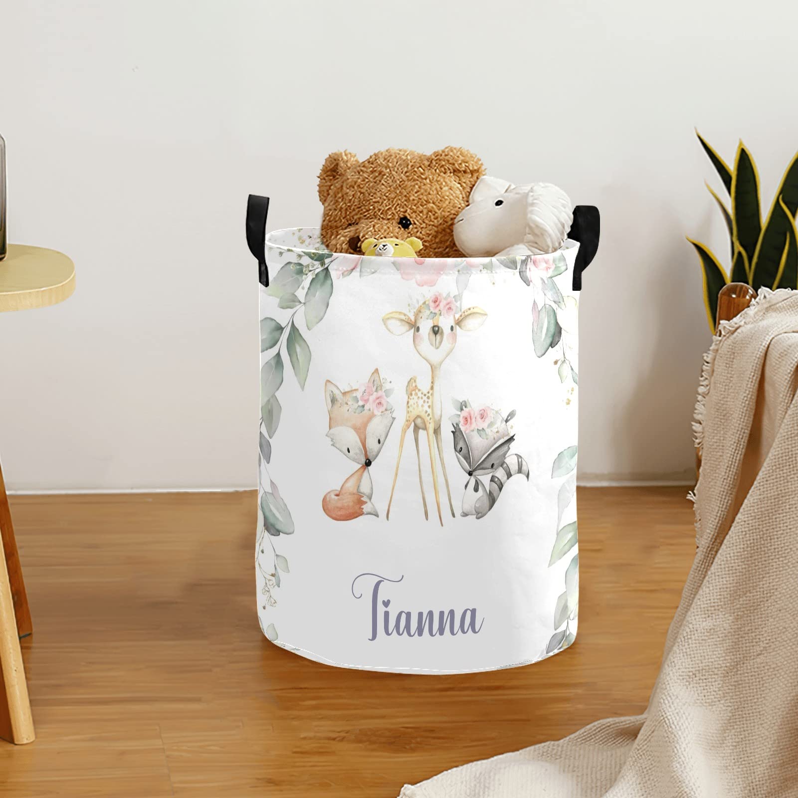 Personalized Custom Giraffe Fox Cute Lovely Collapsible Large Sized Clothes Hamper with Knitting Handles for Baby Girls Boys Kids Nursery Clothes Things